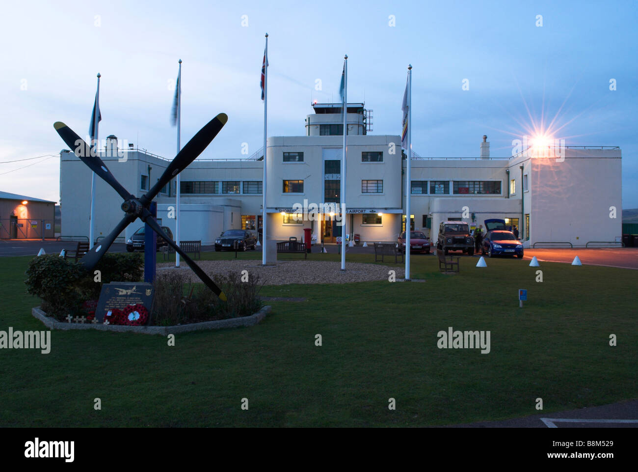The main terminal building of Shoreham (Brighton City) Airport as dusk ...