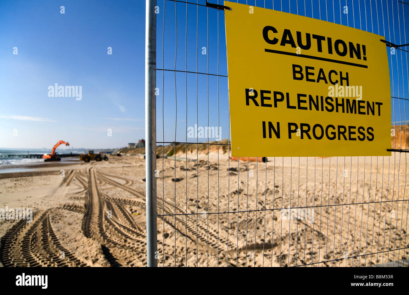 Caution, beach replenishment in progress sign. Bournemouth beach ...