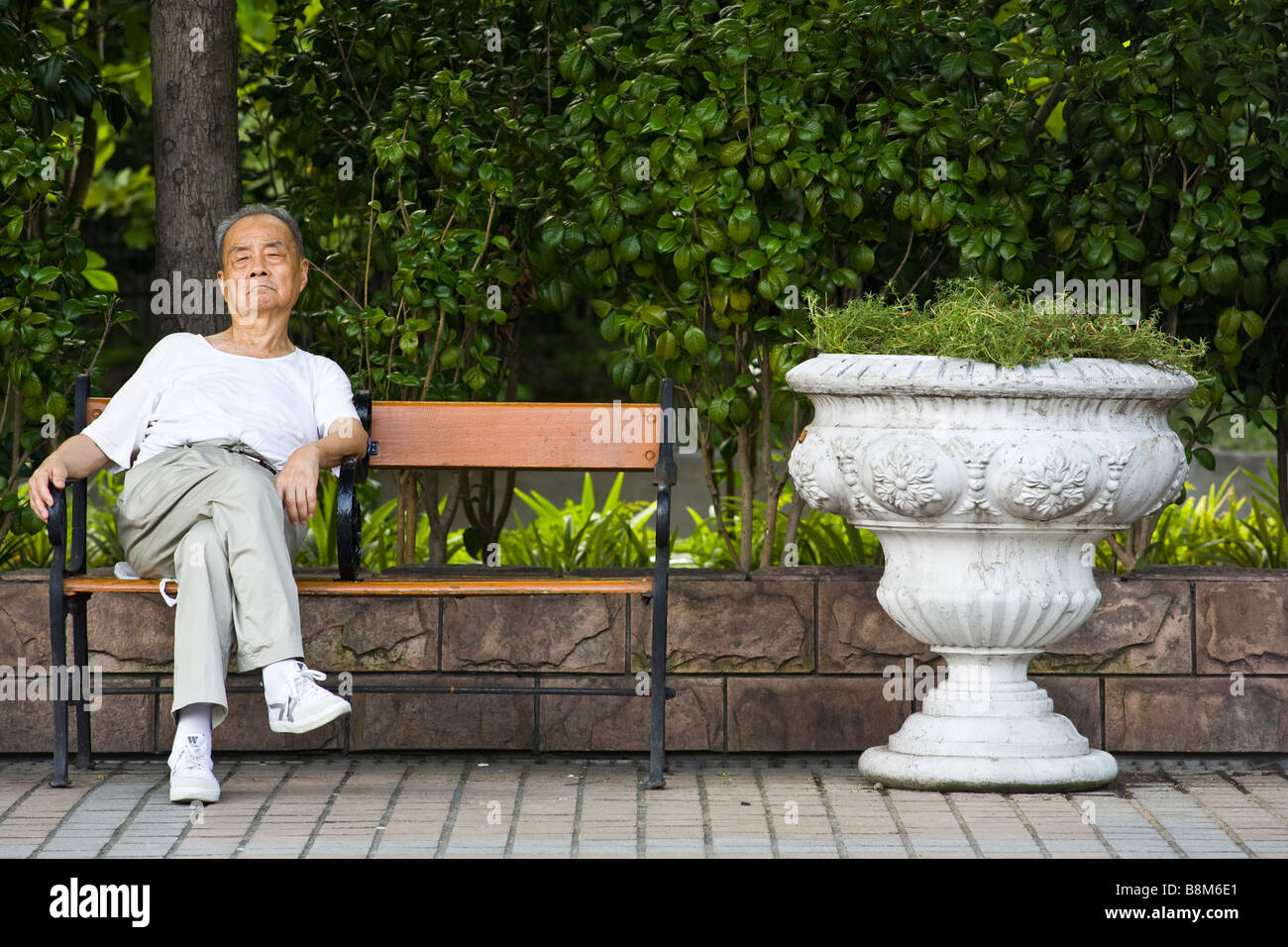 A proud elderly chinese man sitting on a bench in Shanghai's People's ...