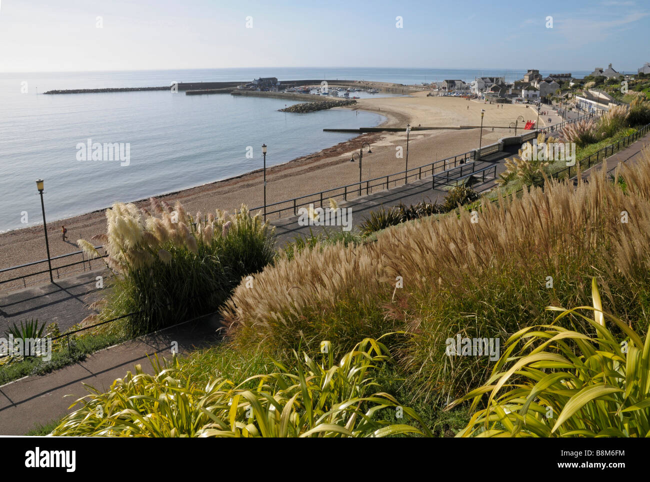 Looking towards The Cobb at Lyme Regis, Dorset, with Langmoor Gardens ...