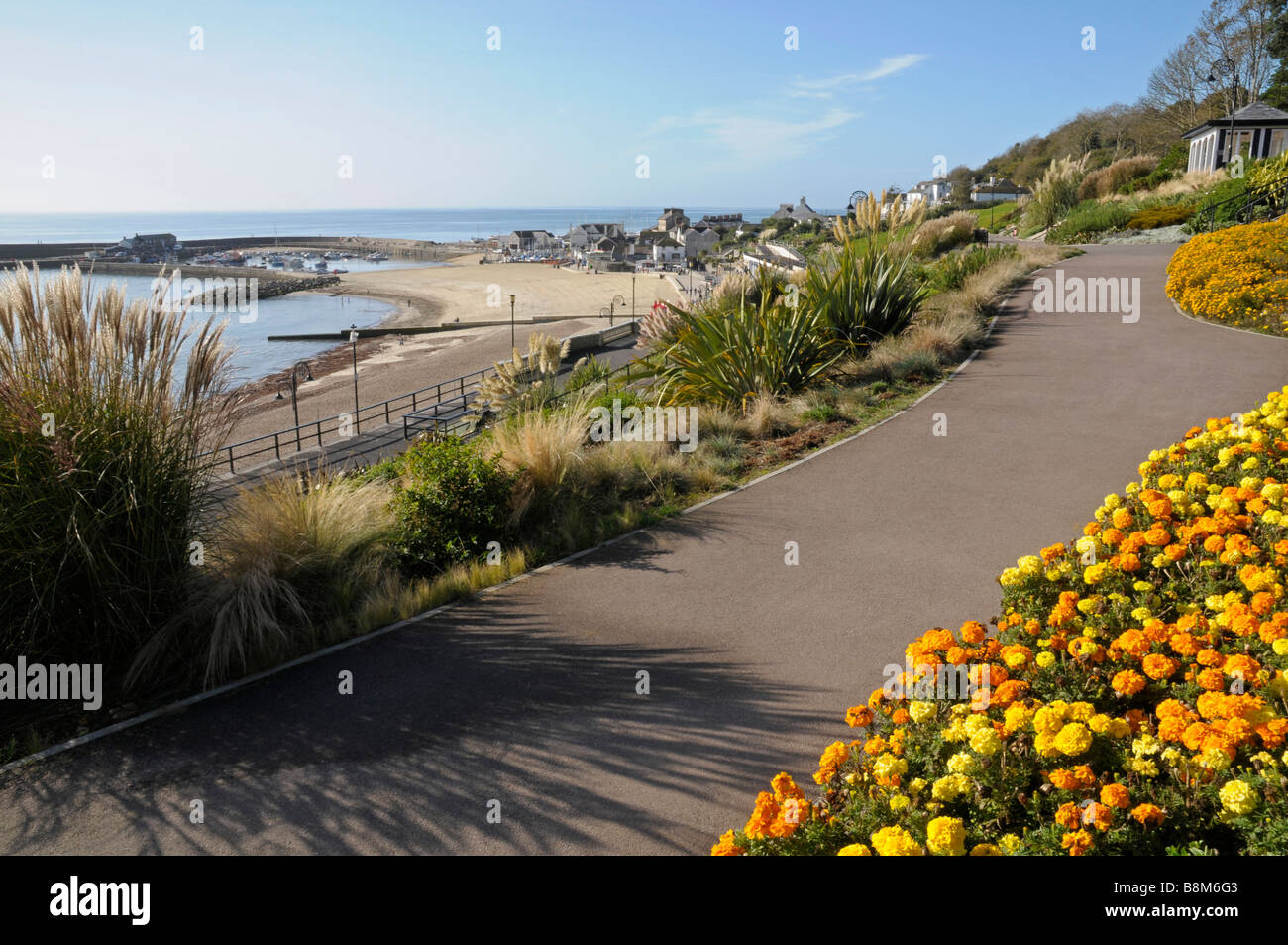 Looking towards The Cobb at Lyme Regis, Dorset, with Langmoor Gardens ...