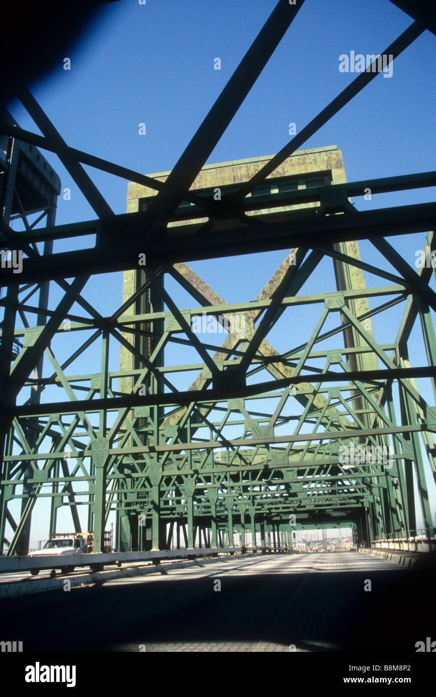 Steel beams of bridge triangle pattern road highway transport carry ...