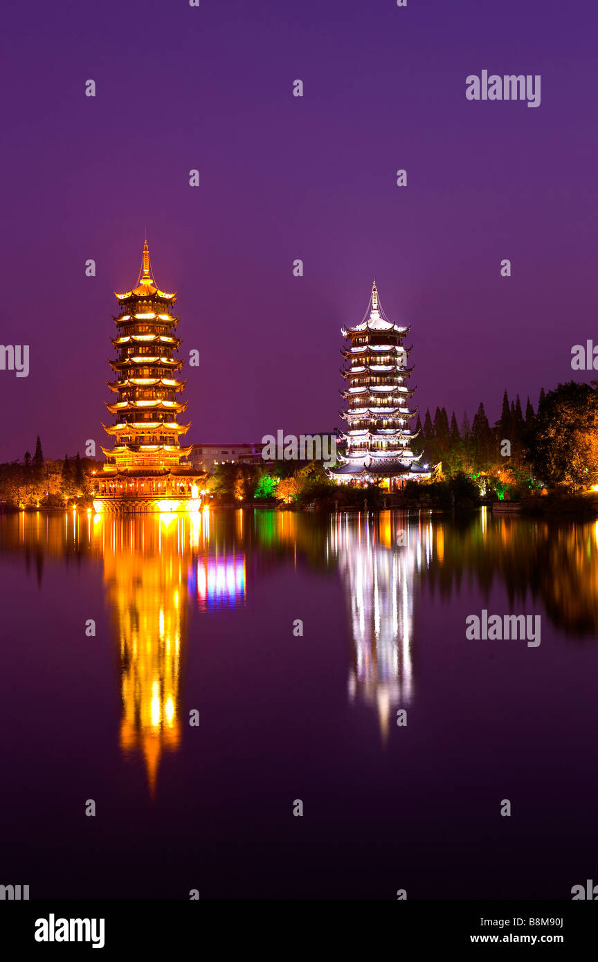 Illuminated Twins Towers at night in Guilin Guangxi Province China ...