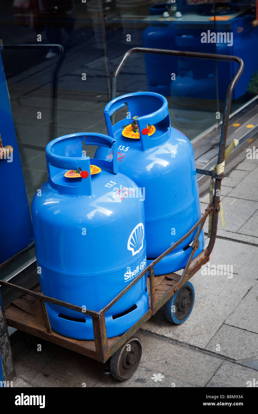 Gas cylinders outside a retail store on Hollywood Road, Central, Hong ...
