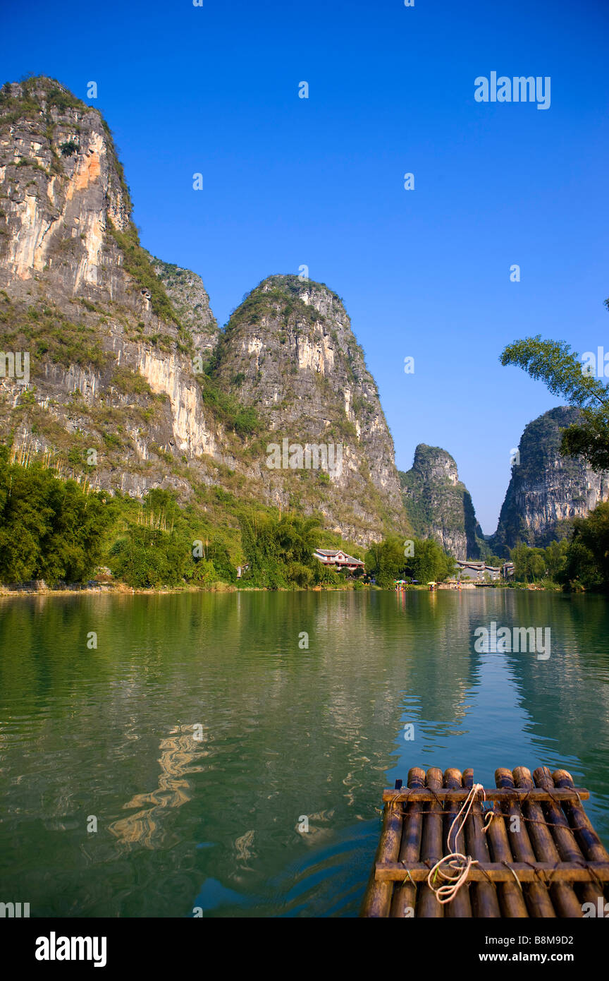 China Guangxi Province Guilin Yangshuo bamboo raft on Yulong River ...