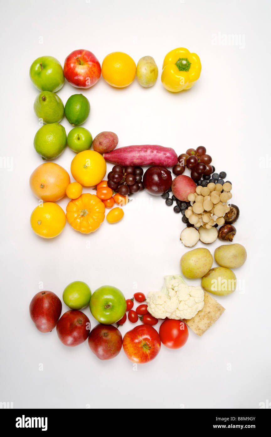 Fruits and vegetables in the shape of number 5 close up Stock Photo - Alamy