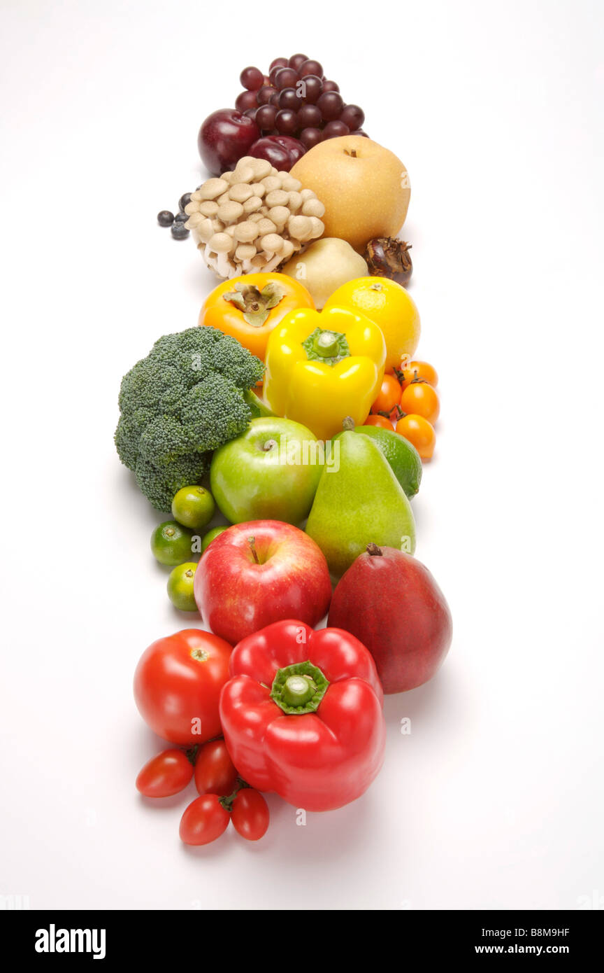 Close up of a stack of fresh fruits and vegetables in a row Stock Photo ...
