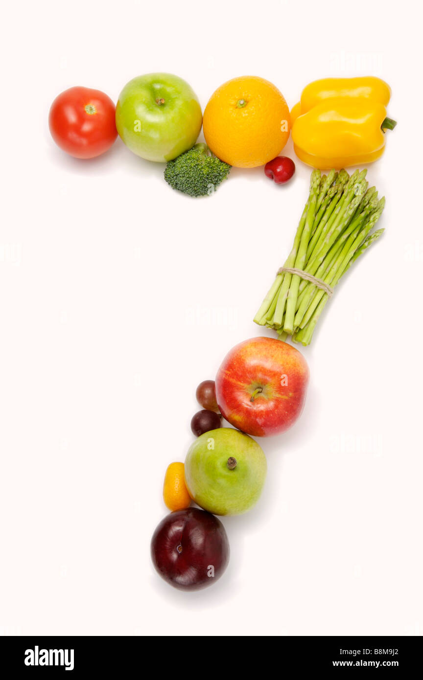Fruits and vegetables in the shape of number 7 close up Stock Photo - Alamy