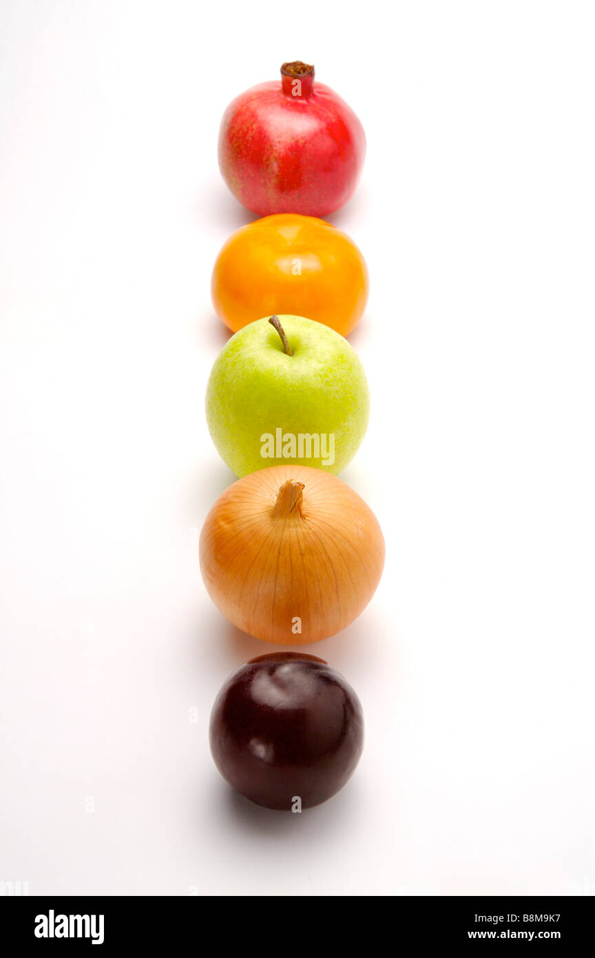 Five fruits and vegetables in a row close up Stock Photo - Alamy