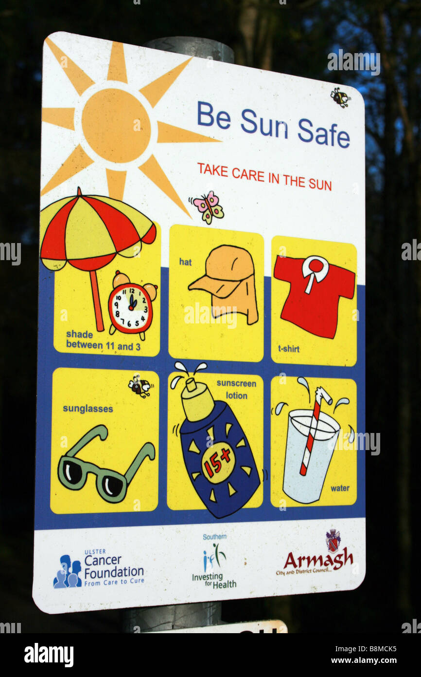 warning sign to promote sun safety, County Armagh, Northern Ireland ...