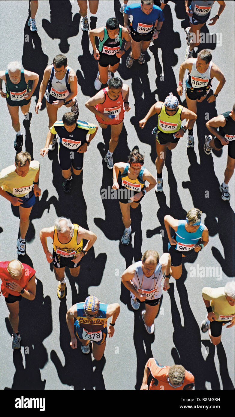 Marathon runners photographed from above during a city marathon in ...
