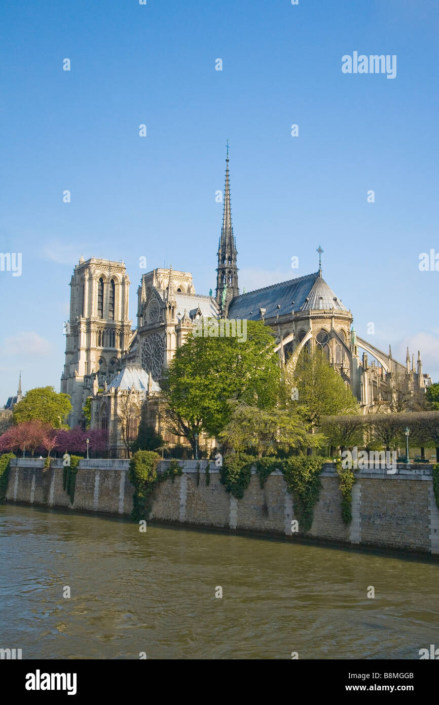 Notre Dame Cathedral and River Seine in spring sunshine Paris France ...