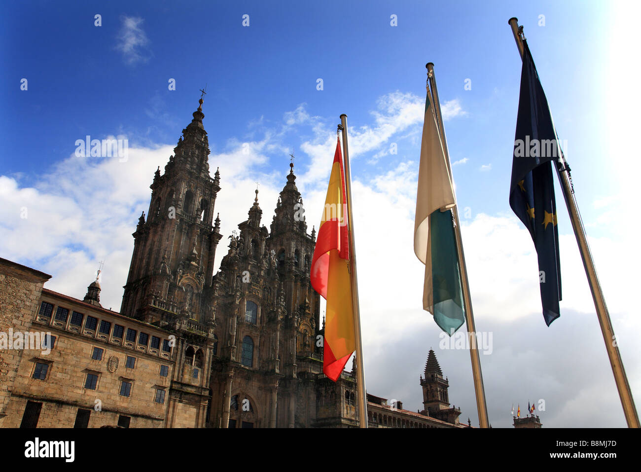 santiago de compostela cathedral with flags Stock Photo - Alamy