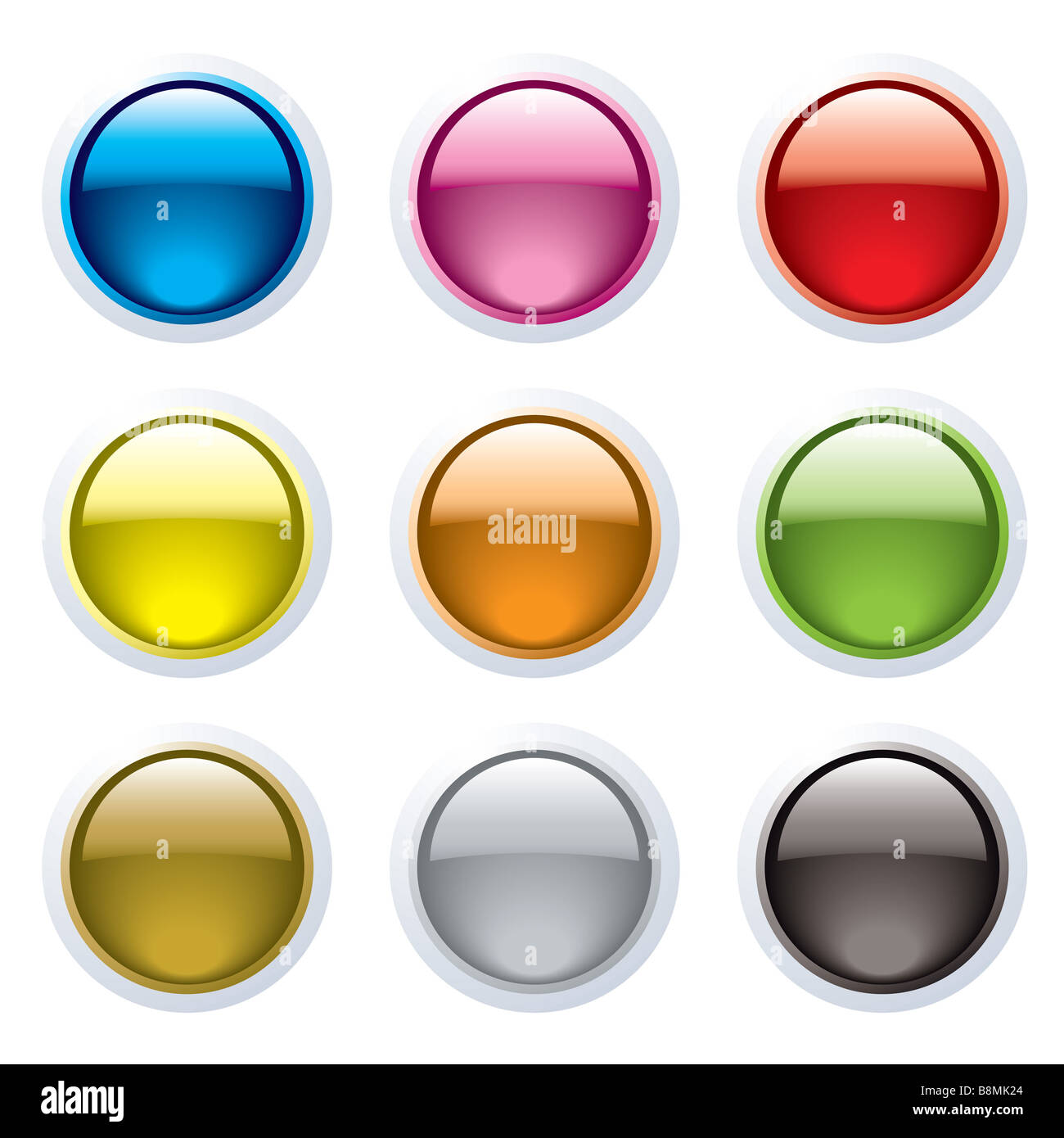 Set of nine gel filled buttons with a white surround and reflection ...
