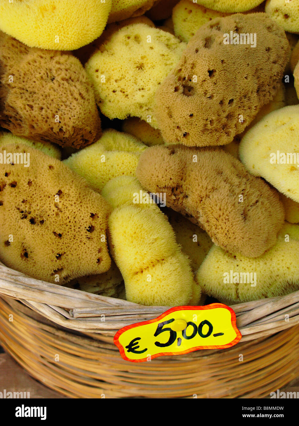A basket of natural sea sponges on sale in Rethymnon Crete Greece Stock ...