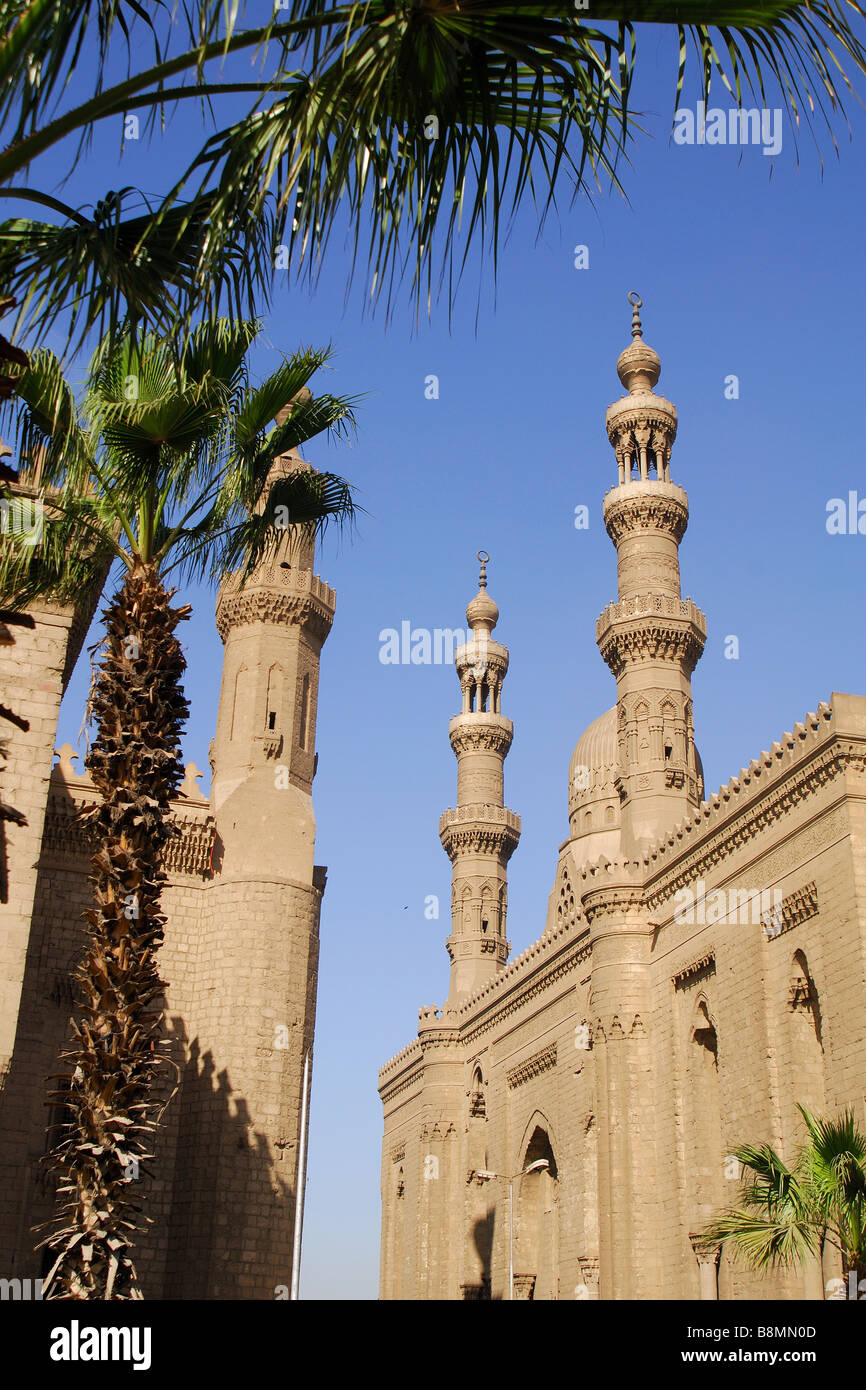 CAIRO, EGYPT. Looking up at the minarets of the Mosque of Sultan Hassan and the Rifai Mosque by ...