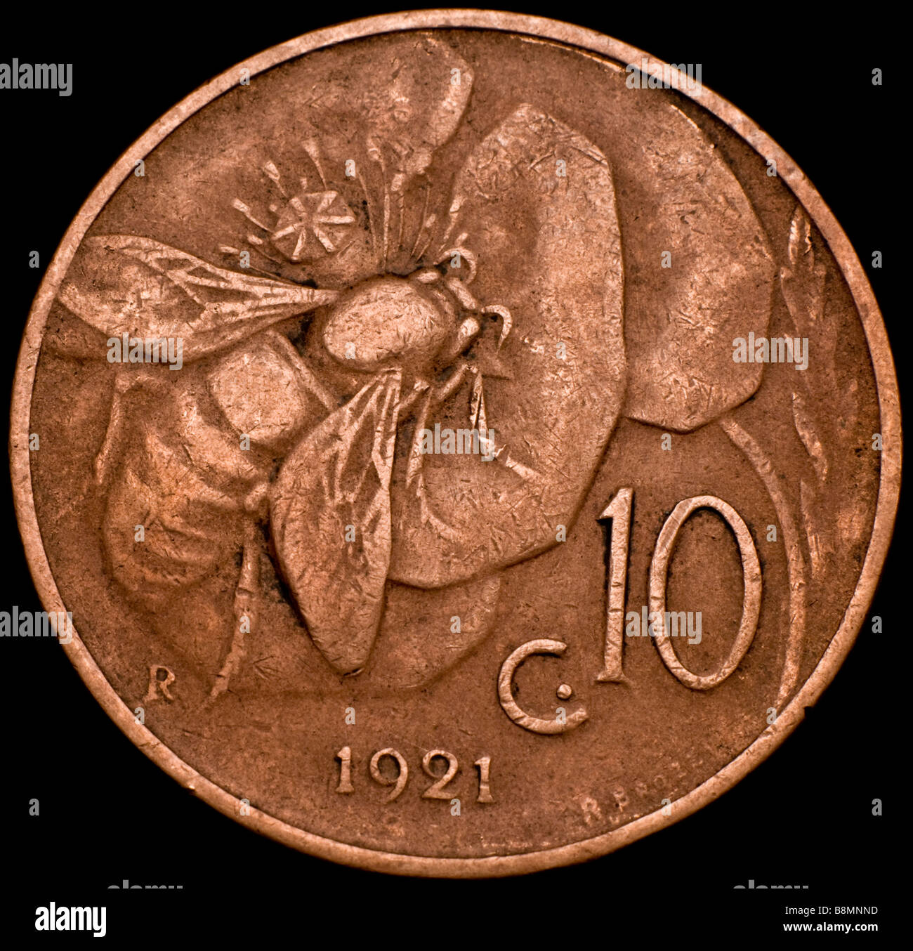 Copper Italian Coin. Vittorio Emanuele III. 10c, 1921. Reverse, showing ...