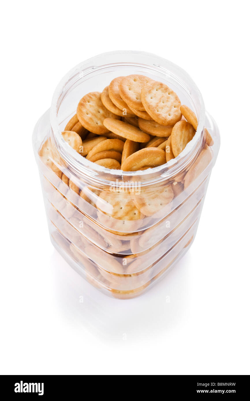 Jar of small appetizer crackers isolated on white Stock Photo - Alamy