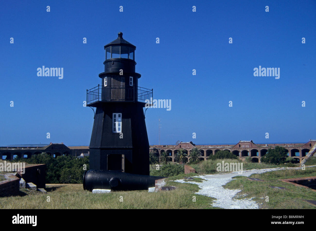 Lighthouse and interior of Fort Jefferson on Garden Key, Dry Tortugas ...