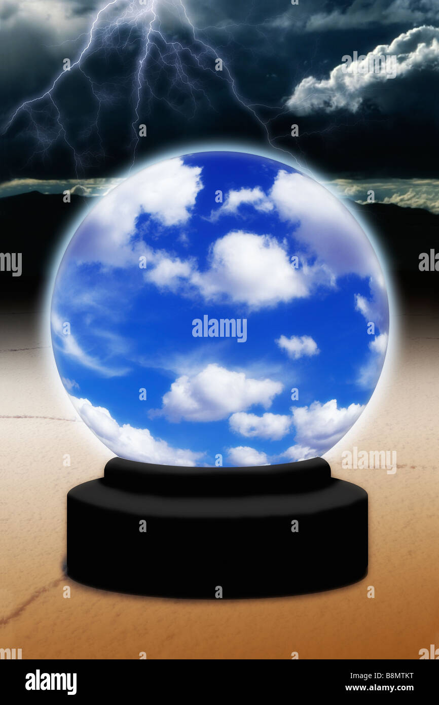 Crystal ball predicting fair weather with white clouds and a summer sky ...