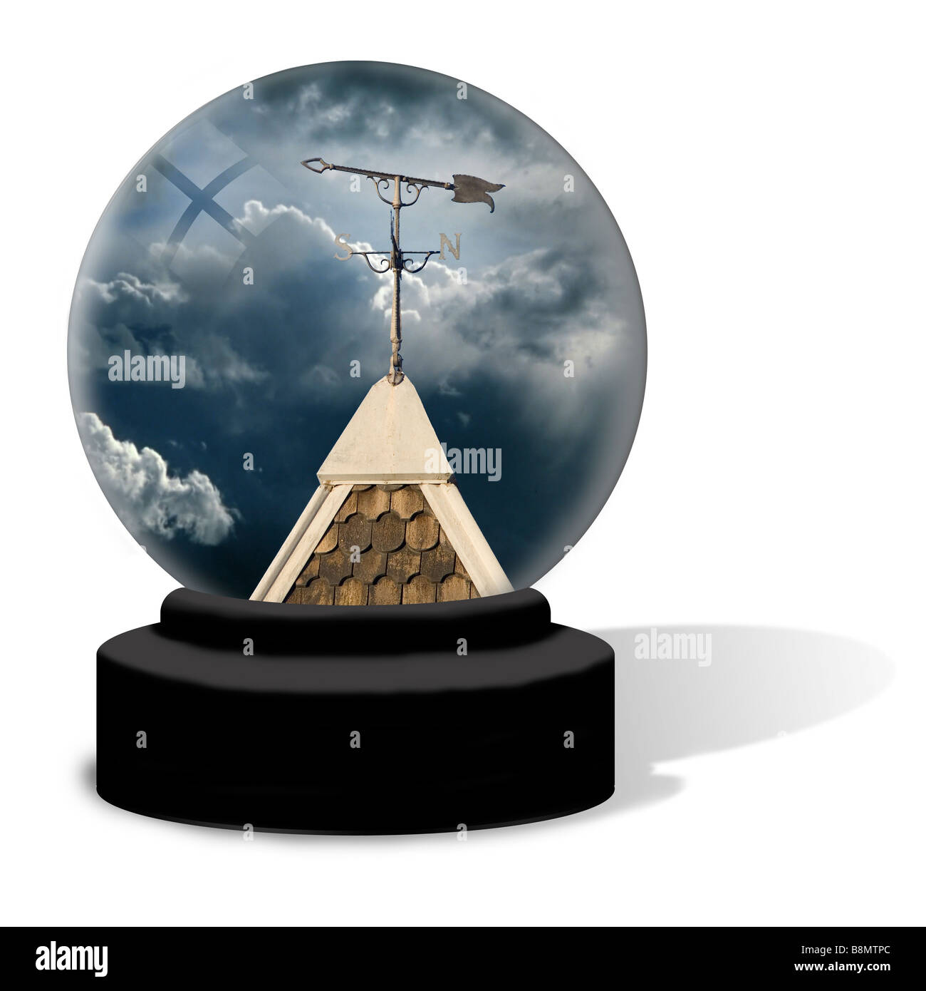 A crystal ball on a white background The globe contains a weather vane ...