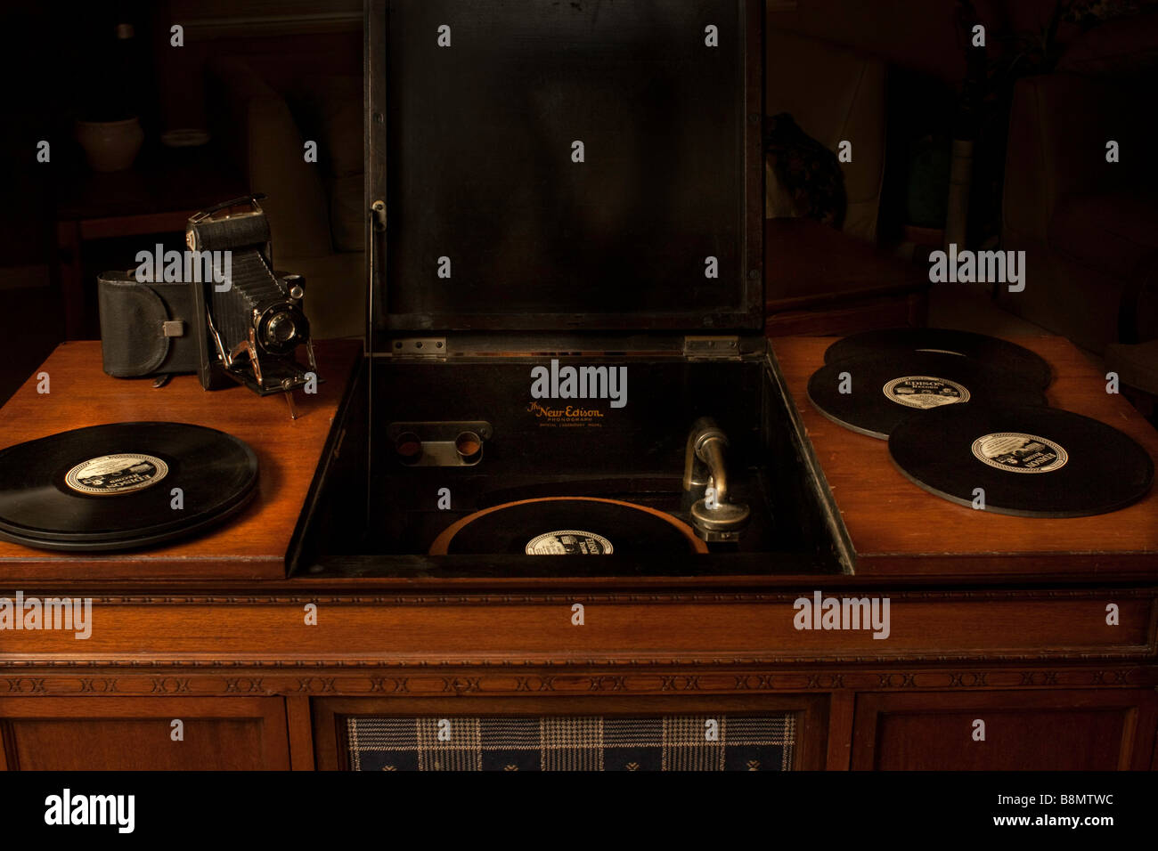 Antique Edison record player with antique camera Stock Photo - Alamy