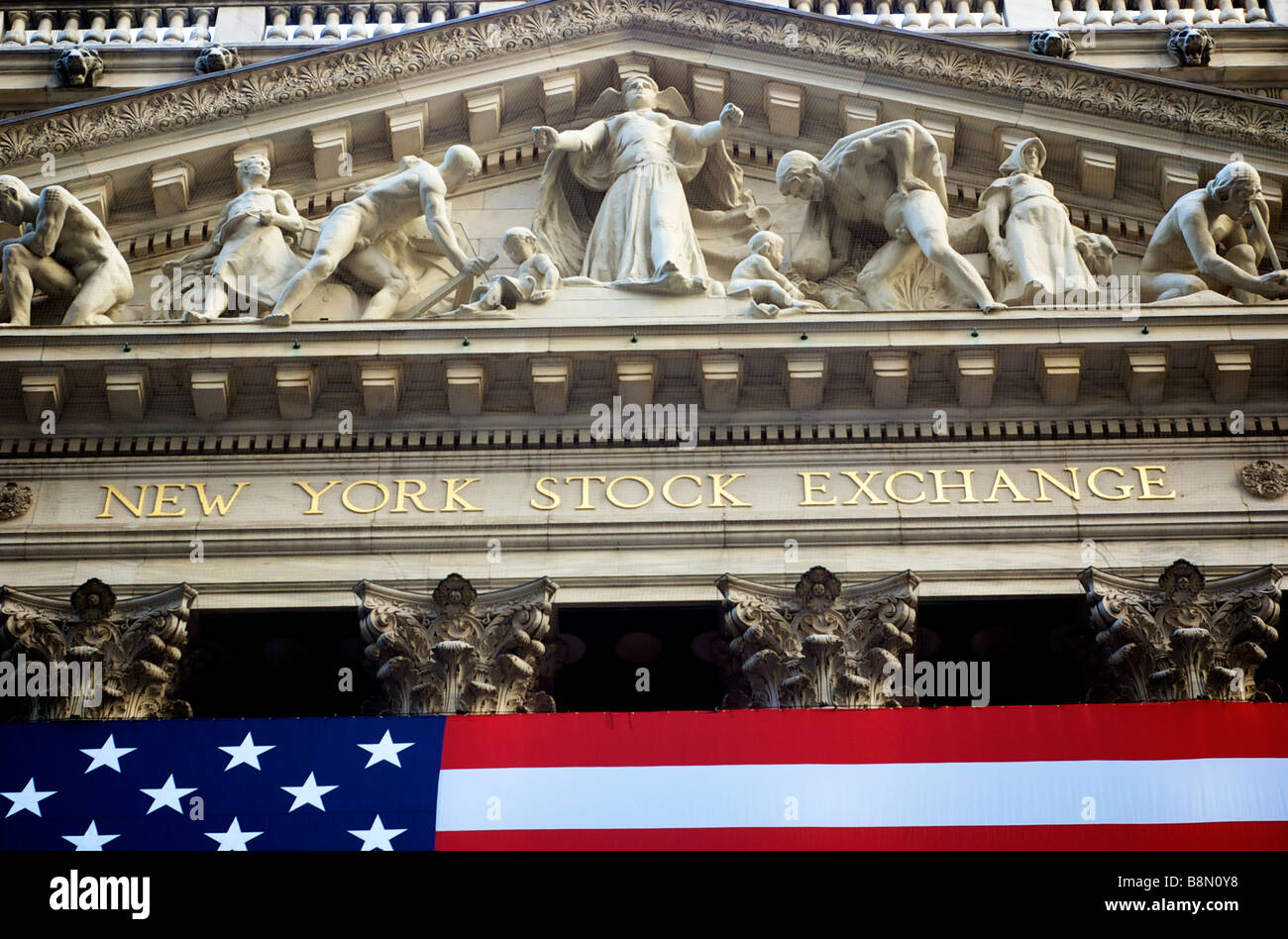 Closeup of New York Stock Exchange building on Wall Street, in New York ...