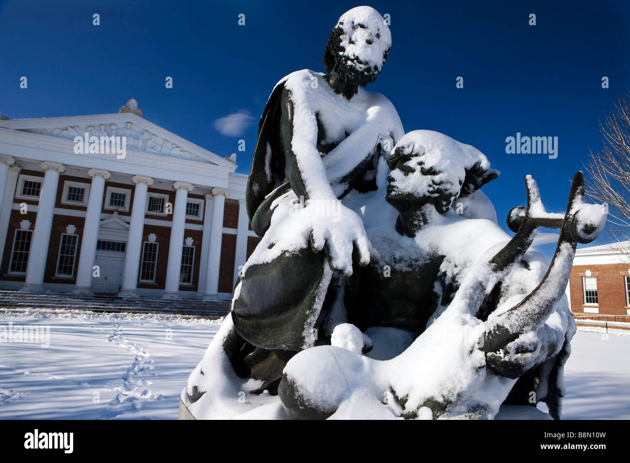 Snow covered statue of Homer in front of Old Cabell Hall University of ...