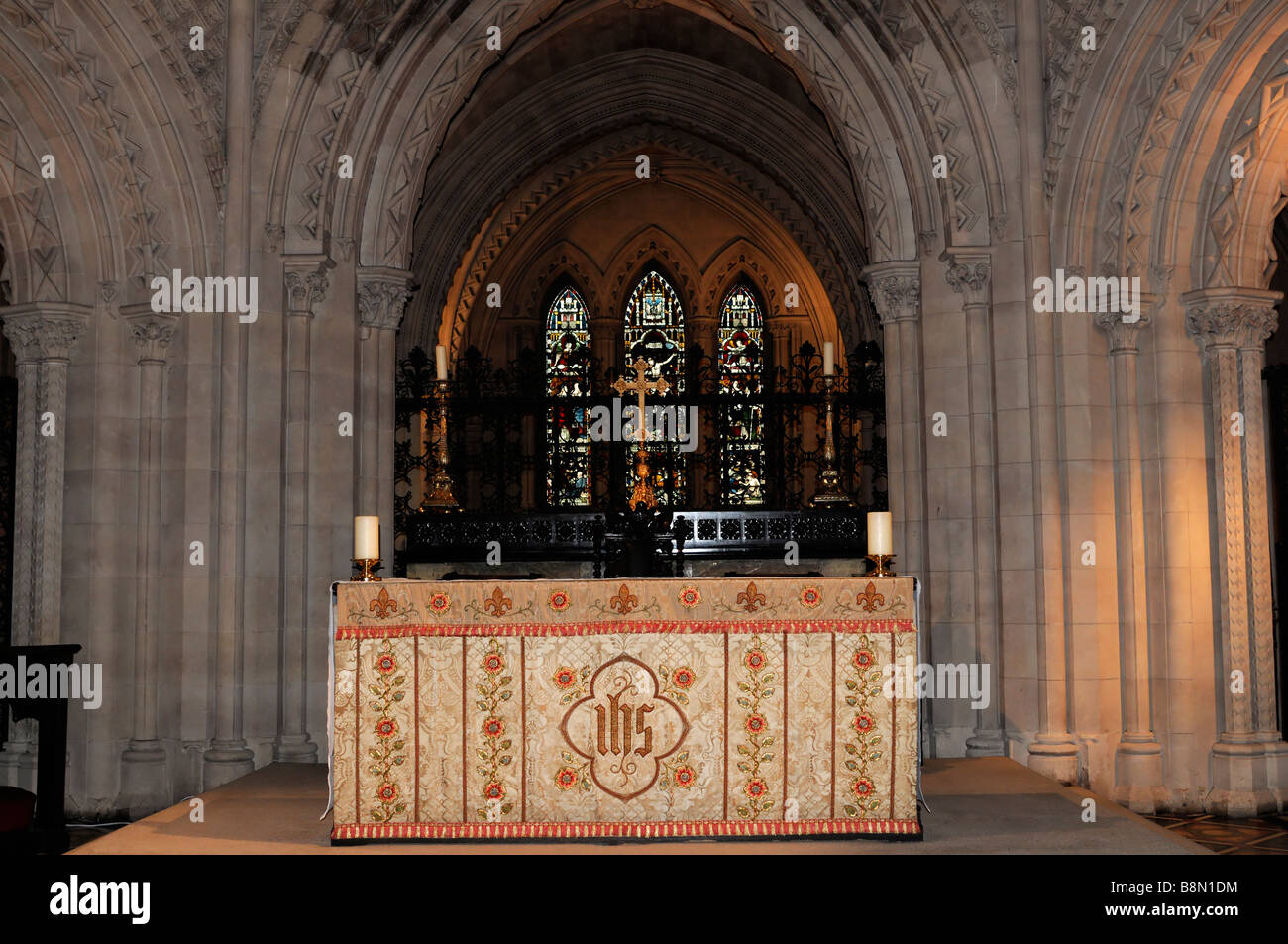 Cloth covered altar detail inside interior Cathedral Holy Trinity ...