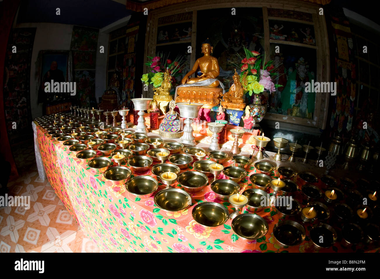 Rows of brass butter bowls with butter sacrificed at the shrine of ...