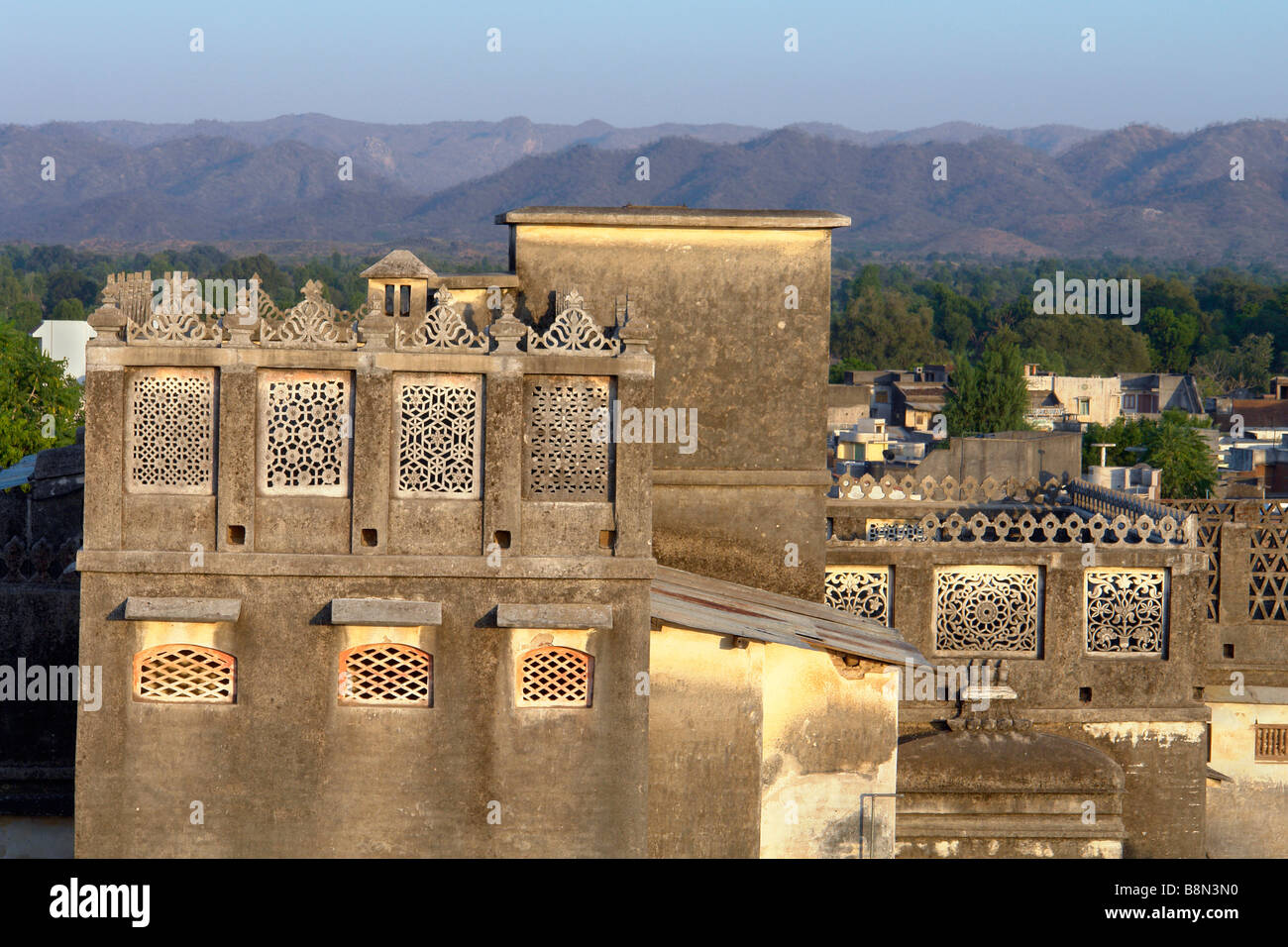 view of the ghanerao castle heritage hotel from the roof by evening ...