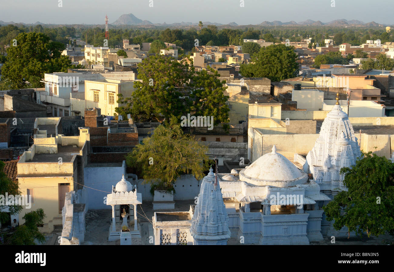 ghanerao temple and town view at evening from the palace hotel Stock ...