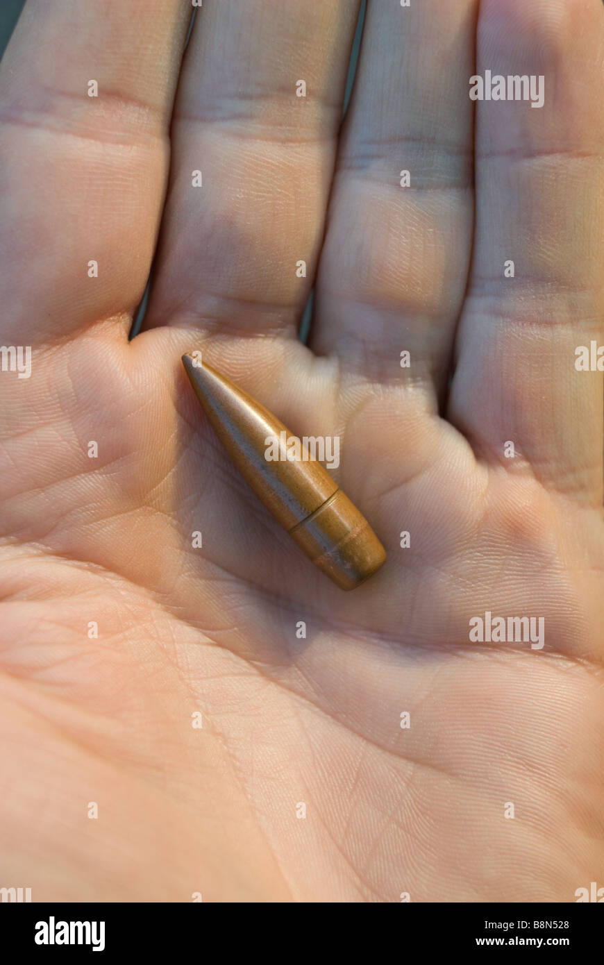 A bullet held in the palm of a hand Stock Photo - Alamy