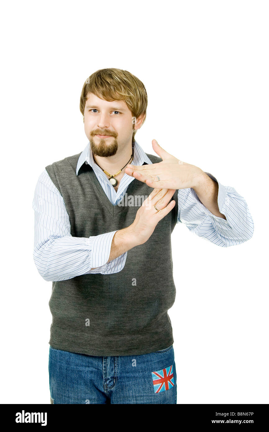 A young man gesturing time out isolated on white Stock Photo - Alamy