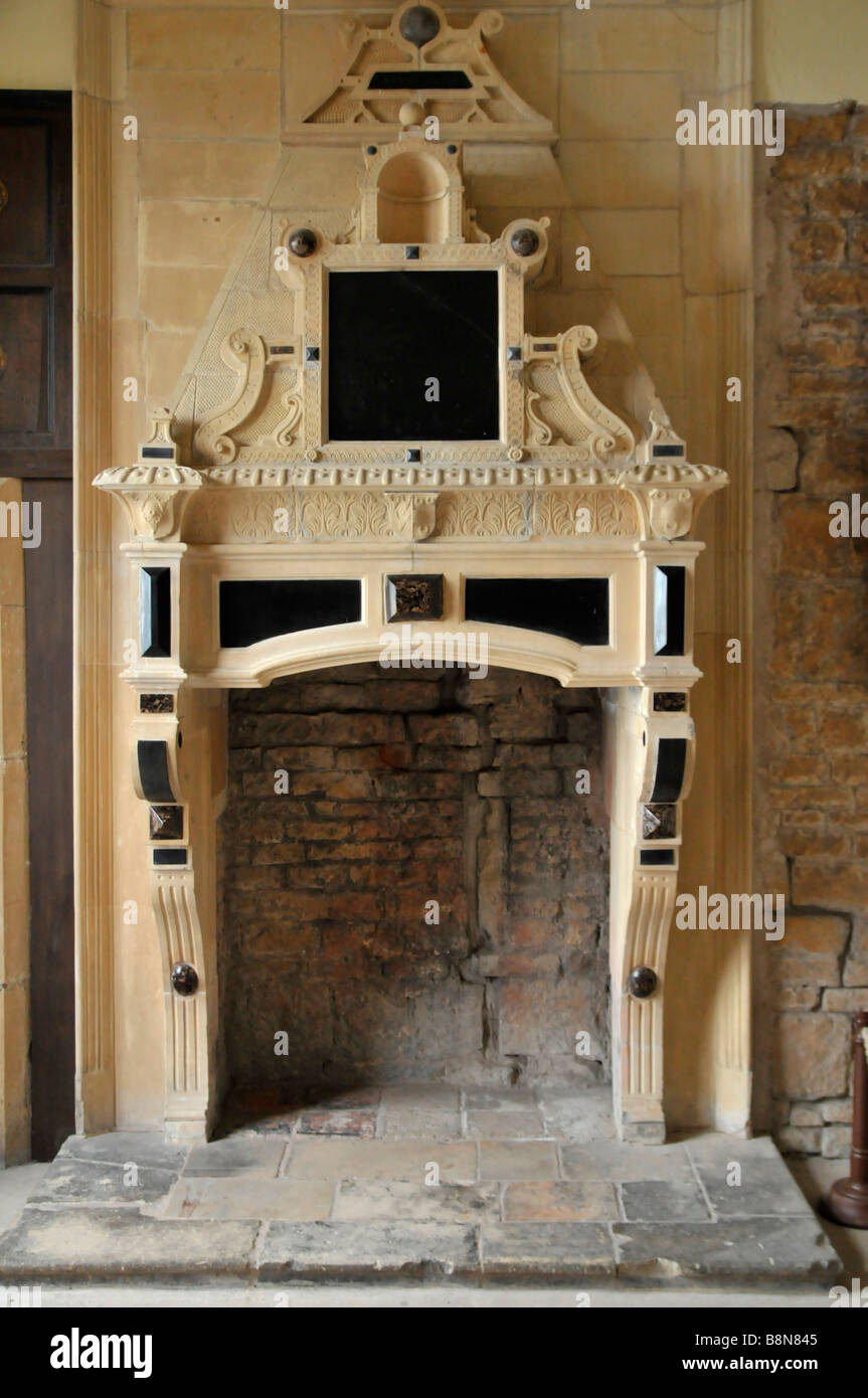 interior view of the ornate fireplace in Bolsover castle Derbyshire ...