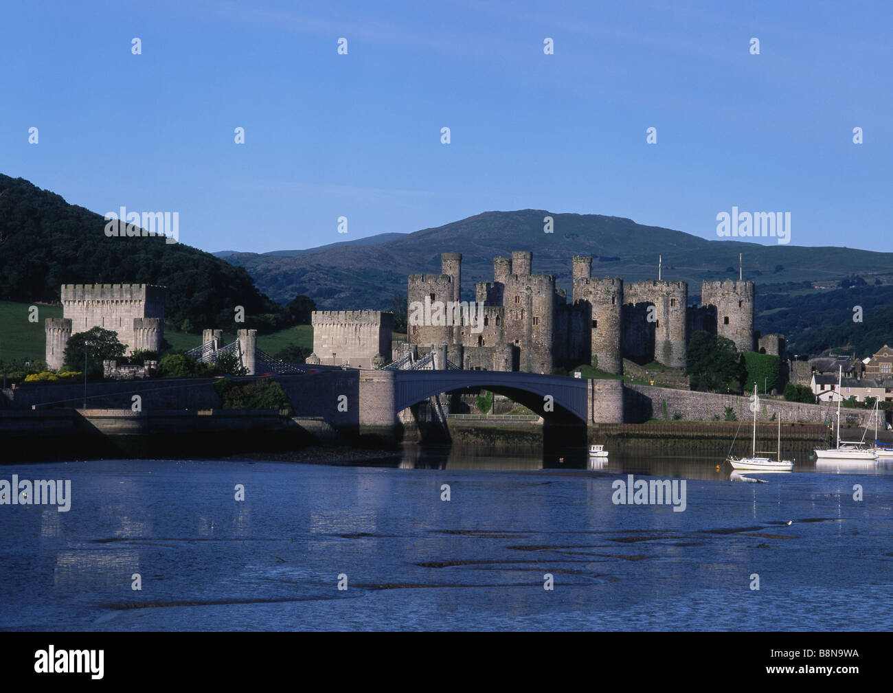 Conwy Castle and river in early morning light Conwy North Wales UK ...