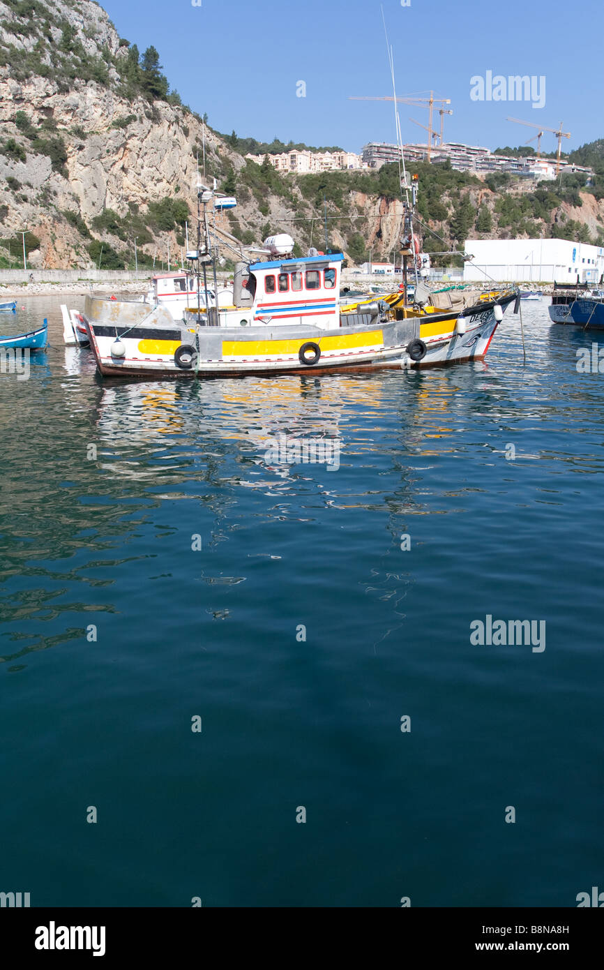 Traditional fishing boats at the fishing harbour of Sesimbra (Setubal ...
