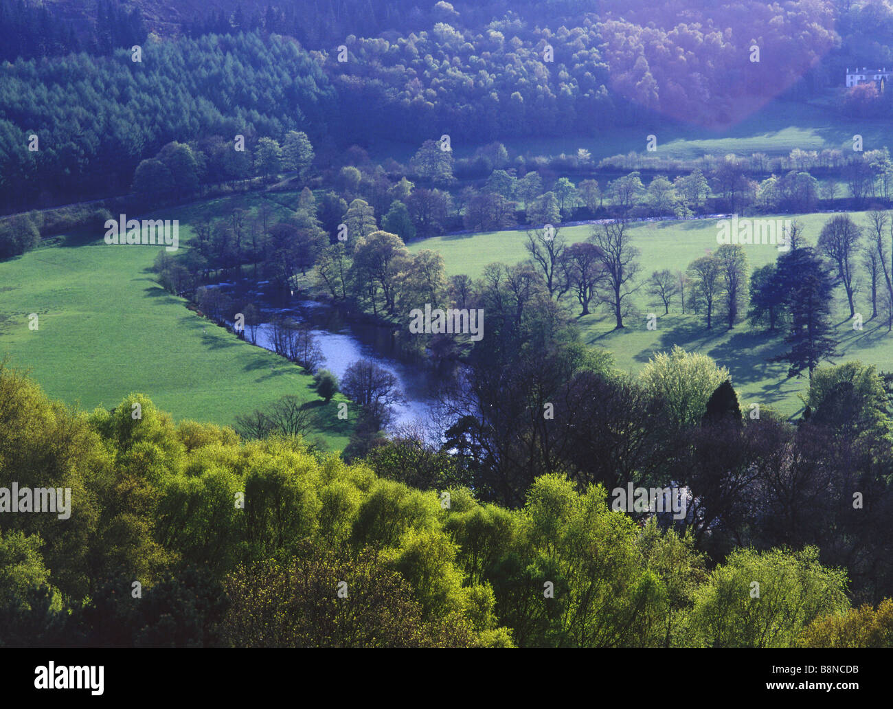 River Dee near Llangollen in spring View from Coed Hyrddyn Velvet Hill ...