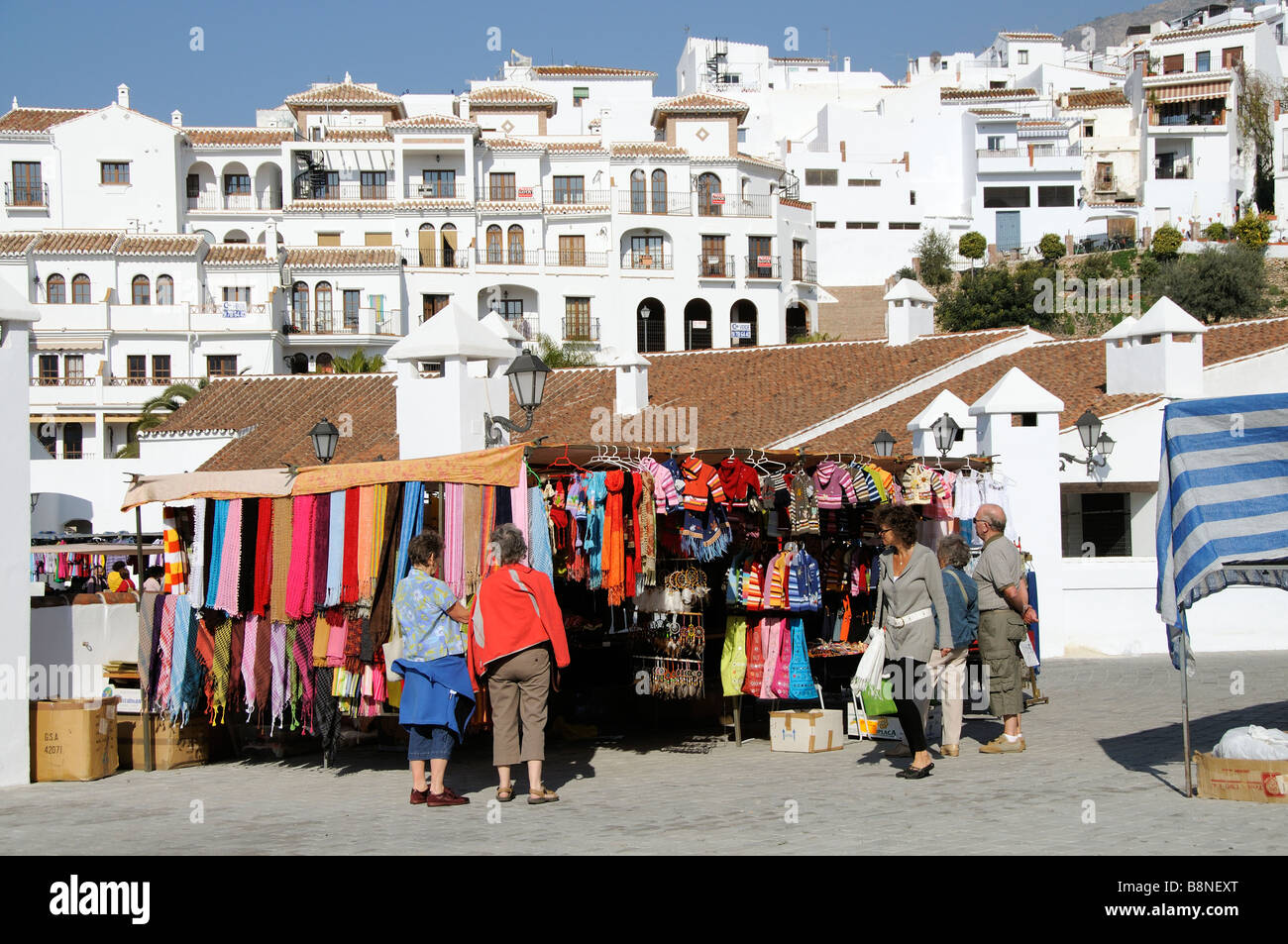 Spanish marketplace on market day in the white town of Frigiliana ...