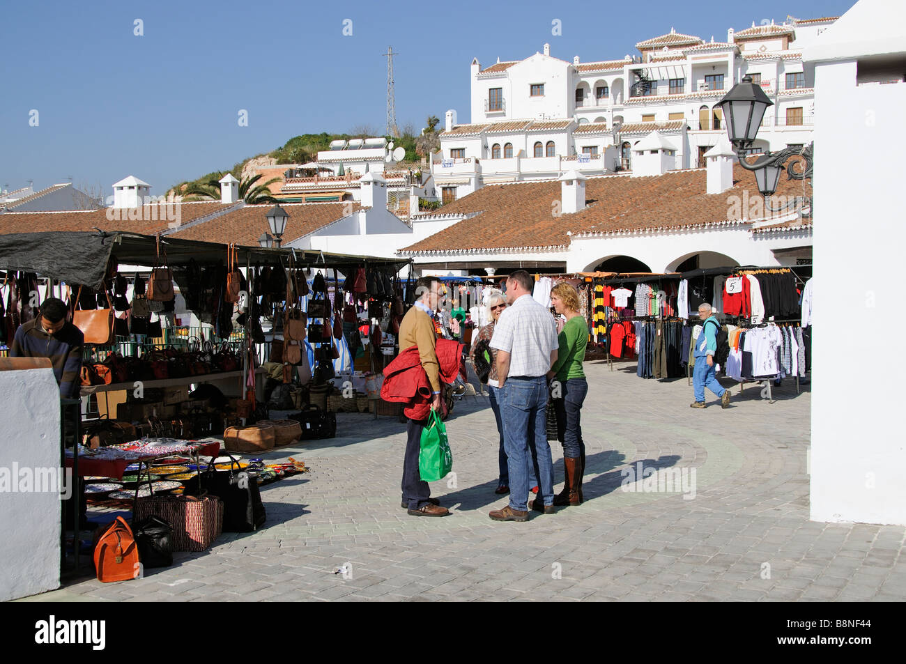 Spanish marketplace on market day in the white town of Frigiliana ...