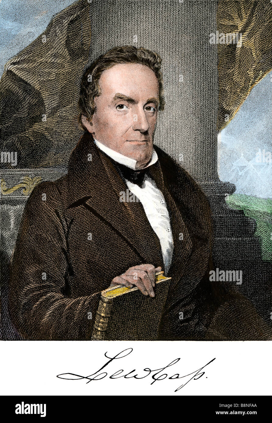 Lewis Cass with his autograph. Hand-colored steel engraving Stock Photo ...