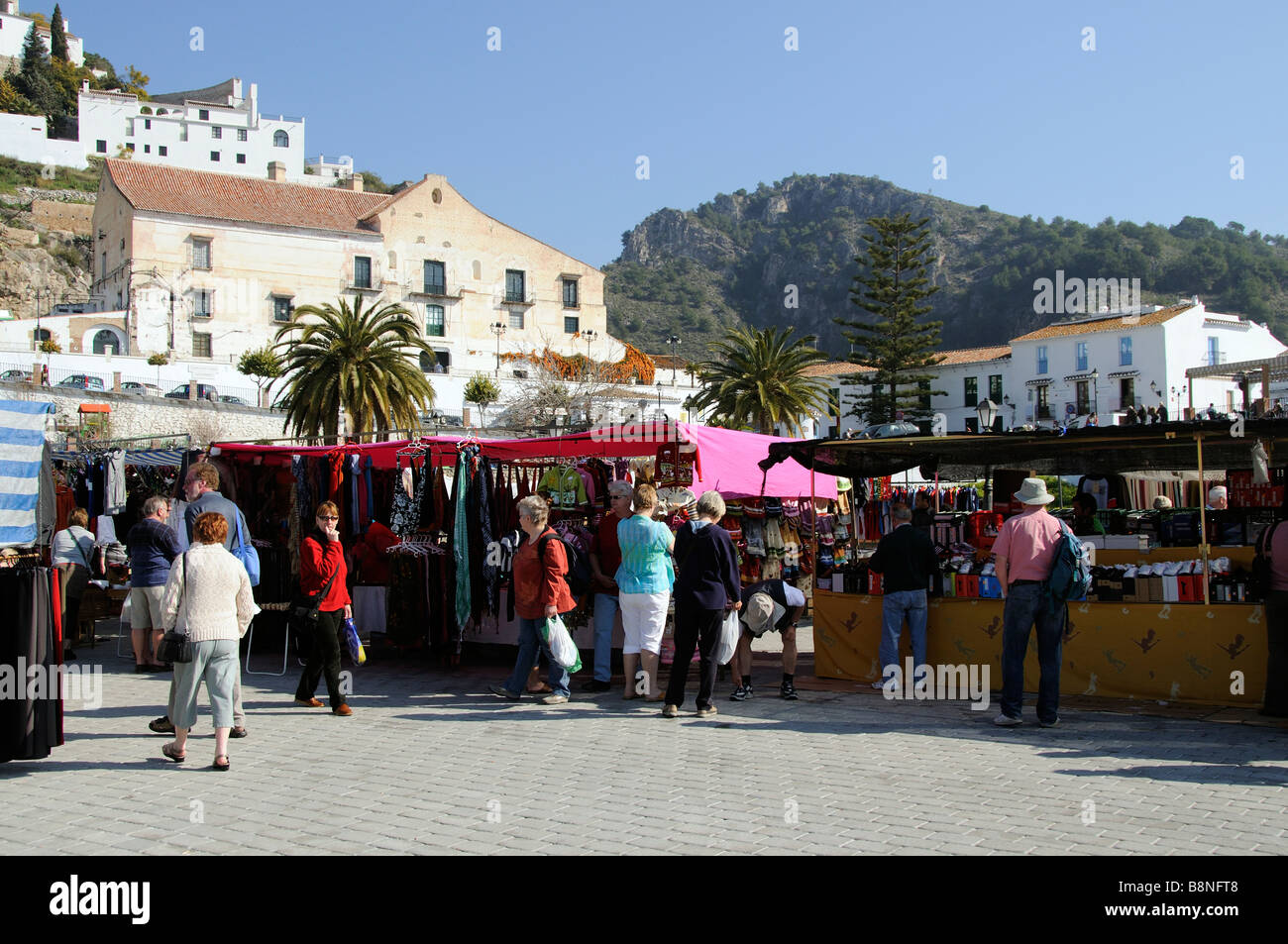 Spanish marketplace on market day in the white town of Frigiliana ...