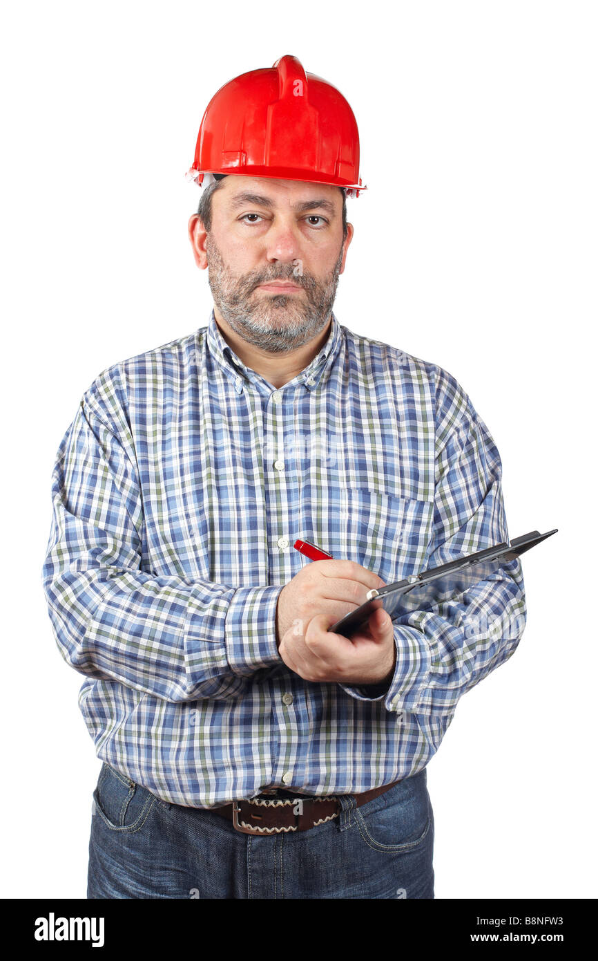 Construction worker writing in a red hardhat isolated on a white ...