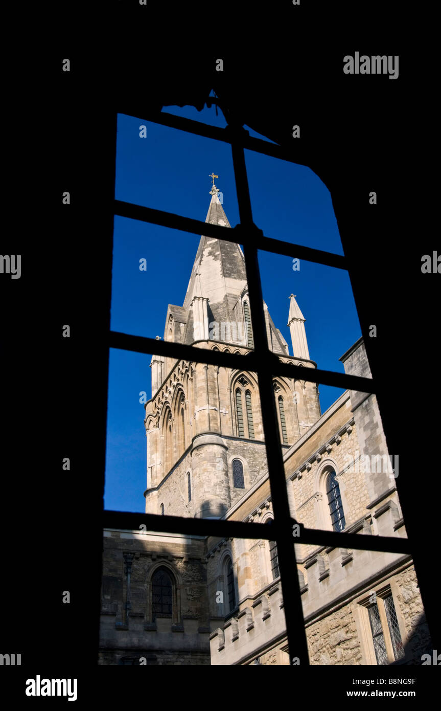 Looking up at a view of Christ Church college chapel through a window ...