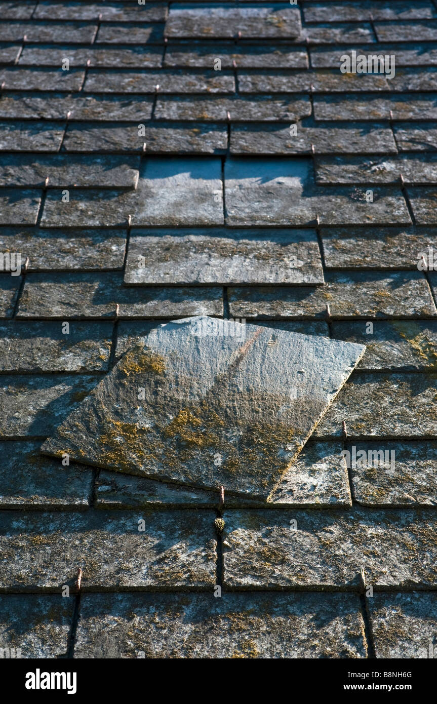 Slipped slate on old house roof, France Stock Photo - Alamy