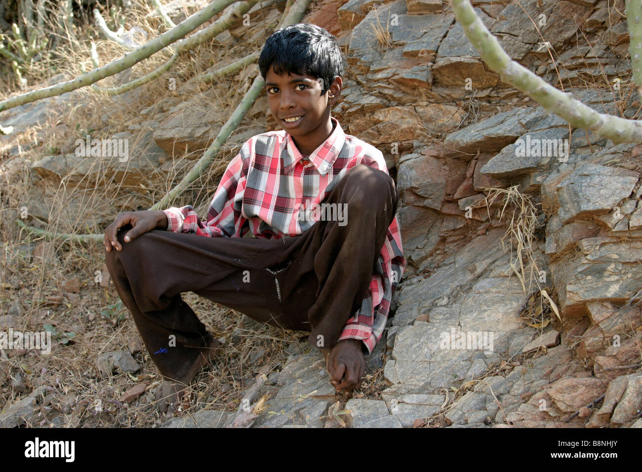 Young boy under tree roots in Pushkar India Stock Photo - Alamy