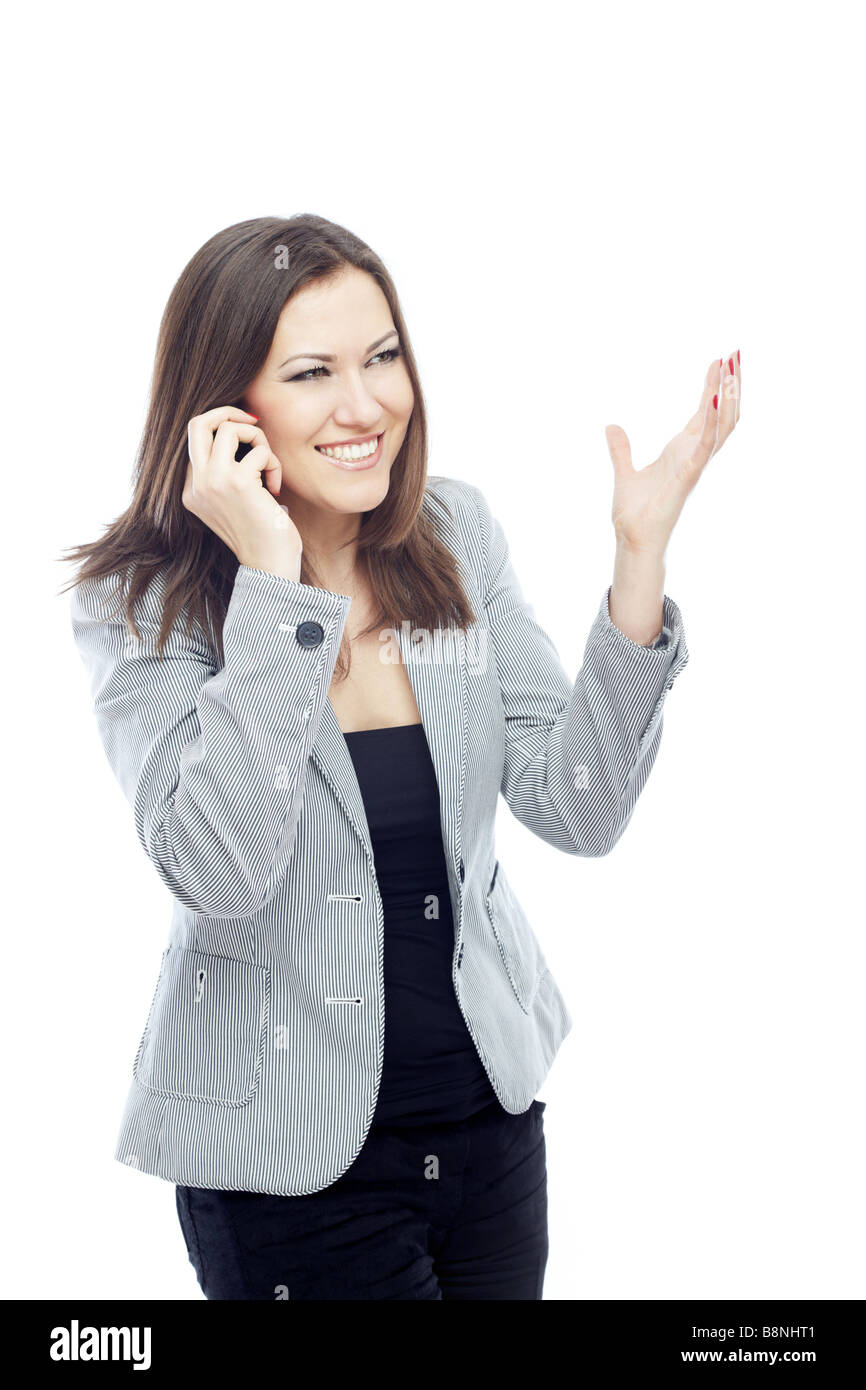 Glad businesswoman talking via cellular phone Stock Photo - Alamy