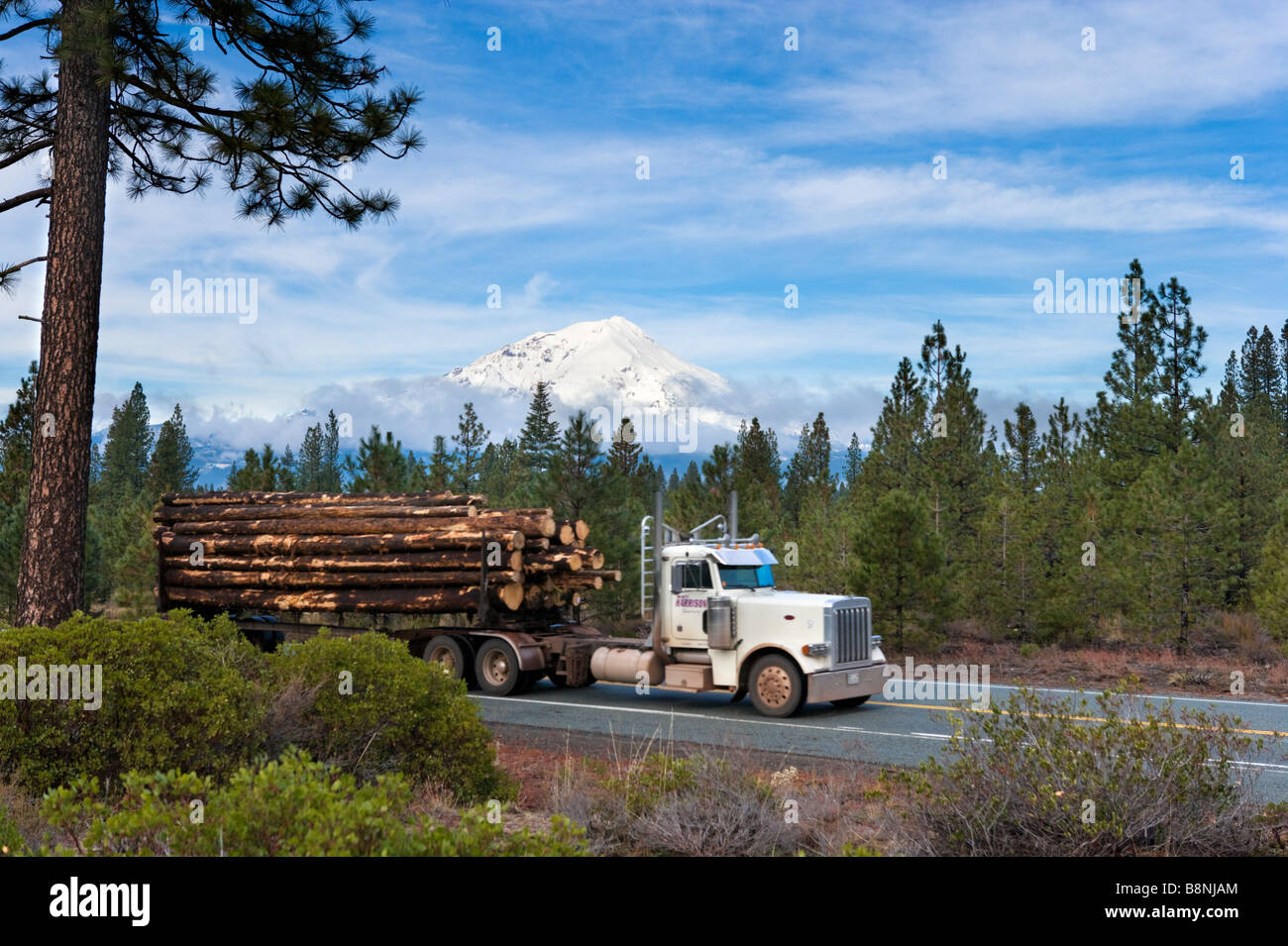 Logging truck on SR 89 (CA) in front of Mount Shasta, Northern ...