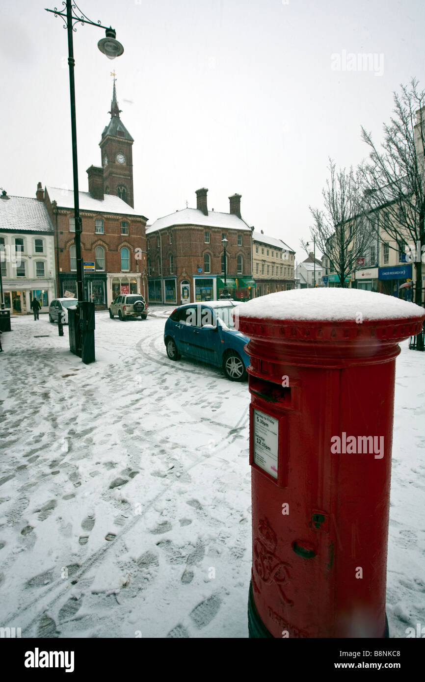 Snow, snowy scene in Louth town footsteps near letter box town hall ...