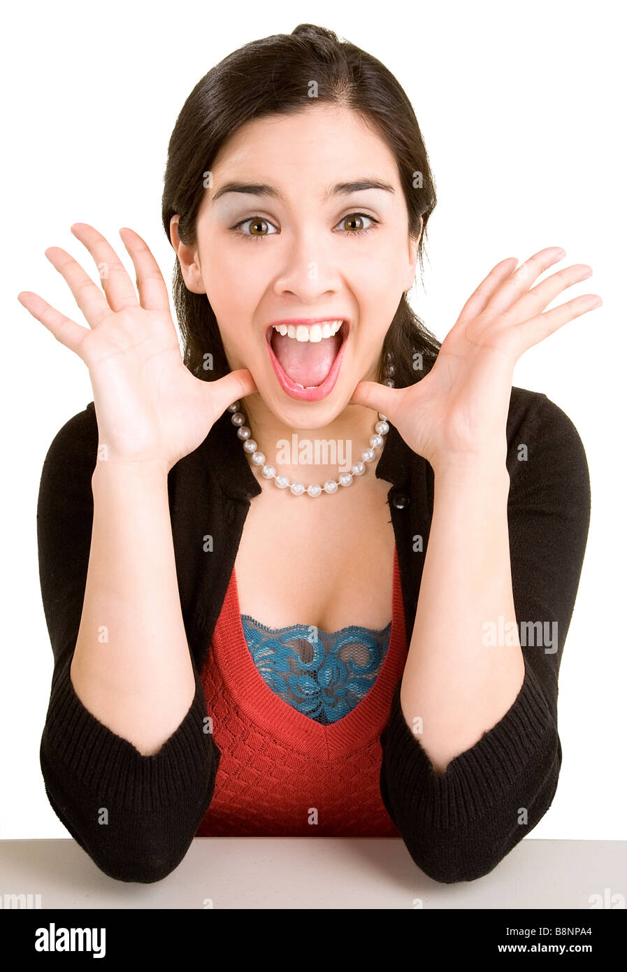 This is the expression of a woman winning something big Stock Photo - Alamy